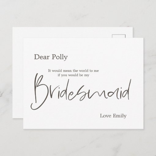 Simplistic Stylish Brown Script Bridesmaid Request Postcard | Zazzle
