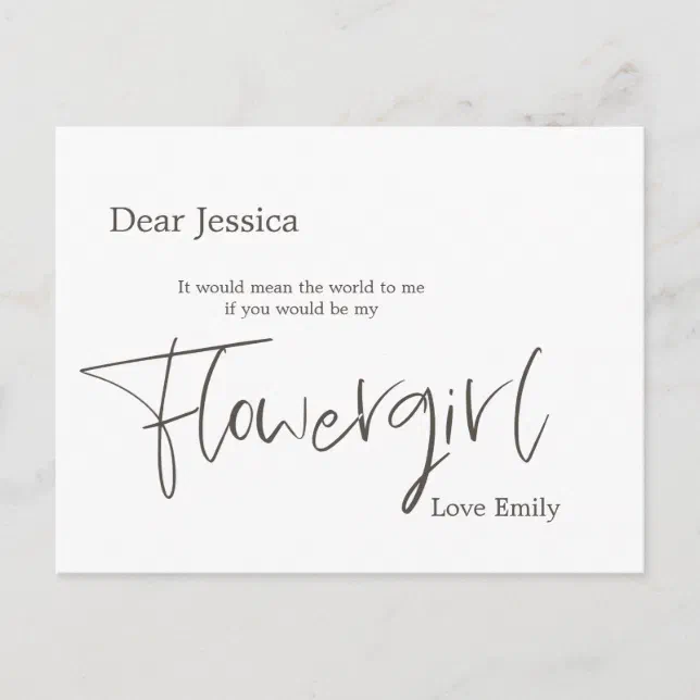 Simplistic Stylish Brown Script Flowergirl Request Postcard | Zazzle