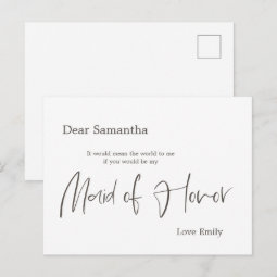 Simplistic Stylish Script Maid of Honor Request Postcard | Zazzle