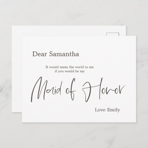 Simplistic Stylish Script Maid of Honor Request Postcard | Zazzle