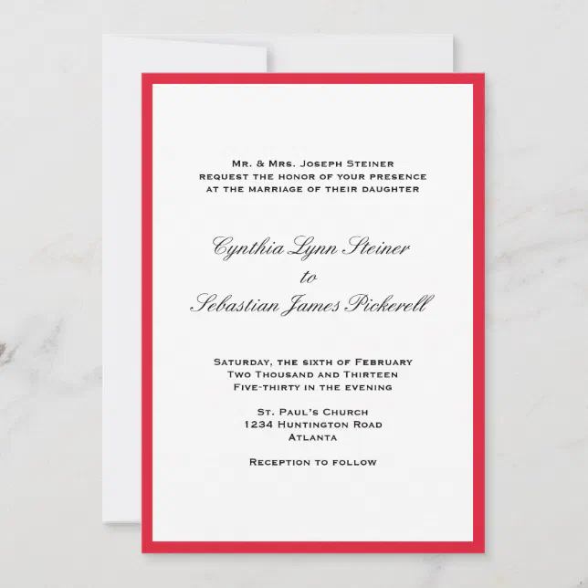 Simply color border red black wedding invitation | Zazzle