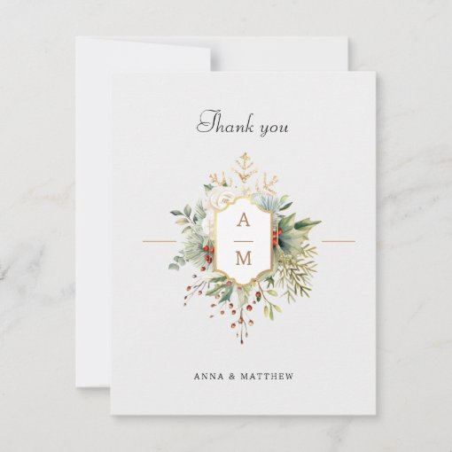 Simply Elegant Christmas Floral Monogram Thank You Card | Zazzle