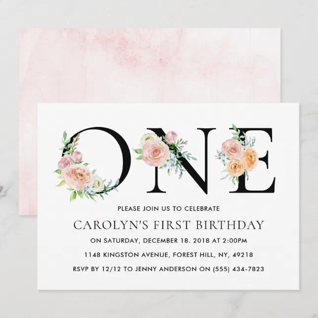 Simply Elegant Floral ONE 1st Birthday Party Invitation | Zazzle