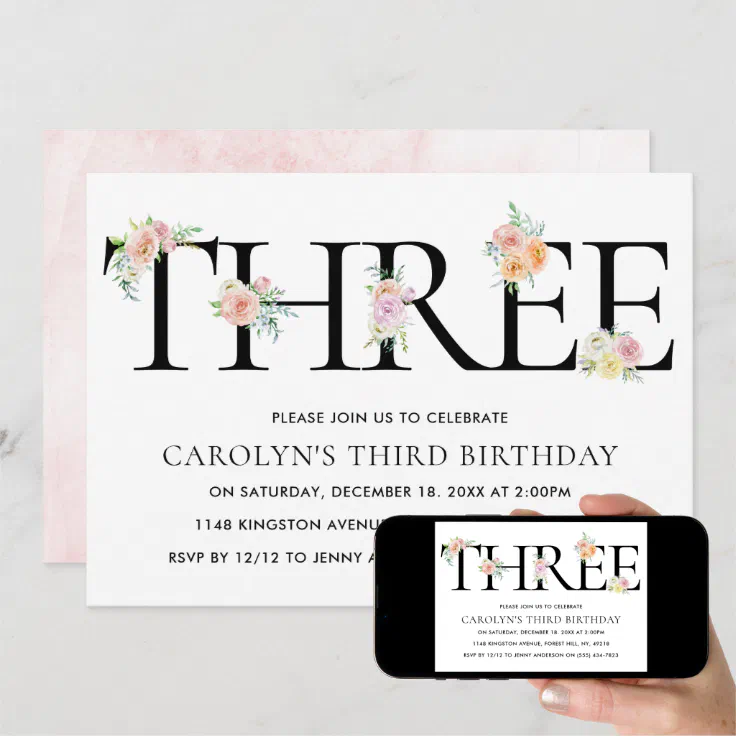 Simply Elegant Floral THREE 3rd Birthday Invitation | Zazzle