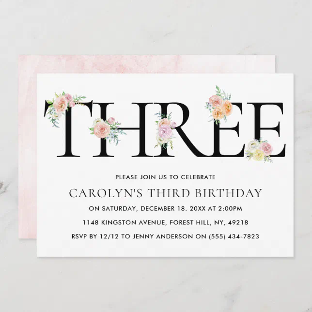 Simply Elegant Floral THREE 3rd Birthday Invitation | Zazzle