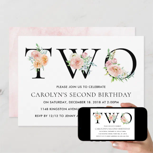 Simply Elegant Floral TWO 2nd Birthday Party Invitation | Zazzle