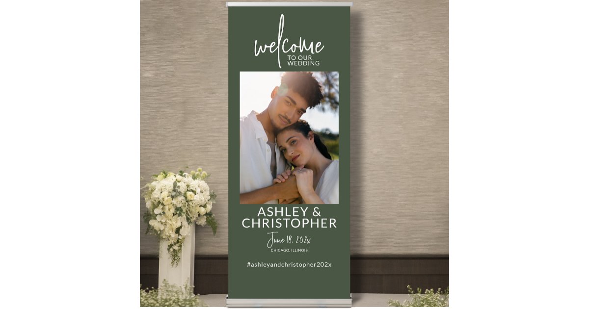 Simply Elegant Moss Green Photo Wedding Welcome Retractable Banner | Zazzle