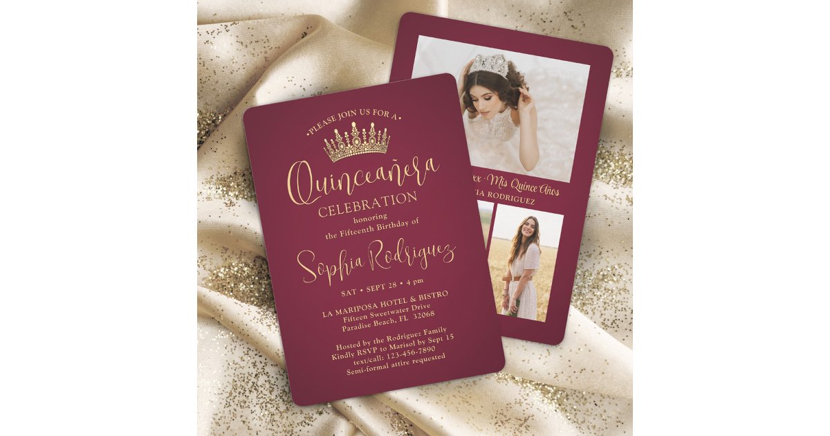 Simply Elegant Quinceañera 3 Photo Burgundy Invitation | Zazzle