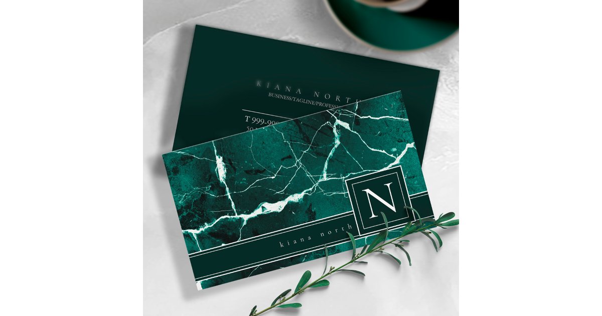 Simply Marble Monogram Green White Std ID672 Business Card | Zazzle