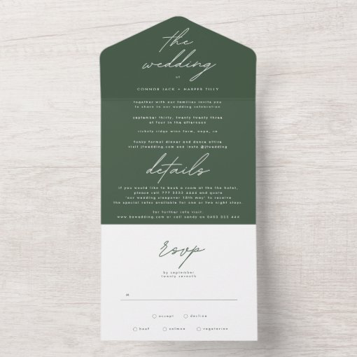 Simply Modern Dark Moss Green Wedding All In One Invitation | Zazzle