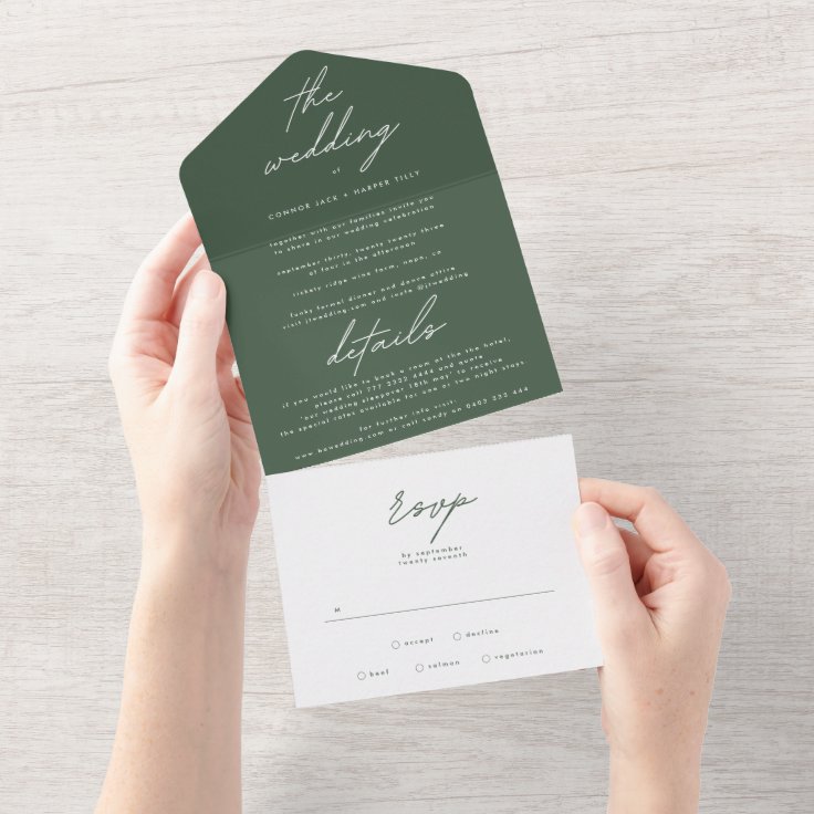 Simply Modern Dark Moss Green Wedding All In One Invitation | Zazzle