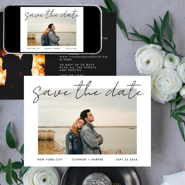 Simply Modern Text Border White Multi Photo Save The Date | Zazzle
