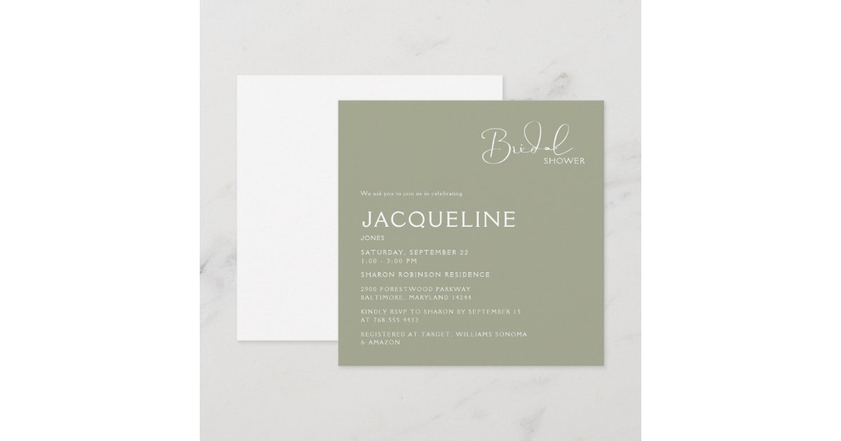 Simply Sage Square Bridal Shower II Invitation | Zazzle
