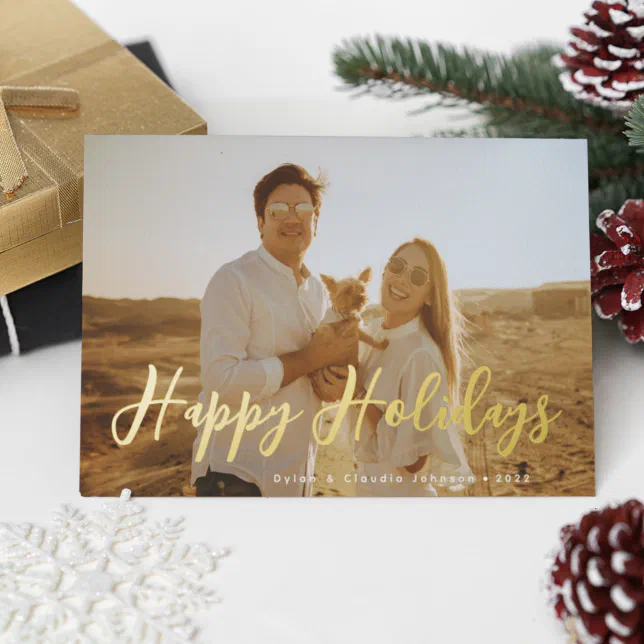Simply Scripted Photo Foil Holiday Card | Zazzle