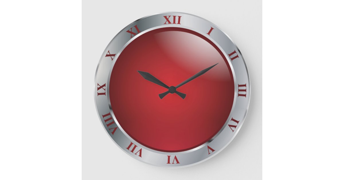 Simply Silver and Red Large Clock | Zazzle