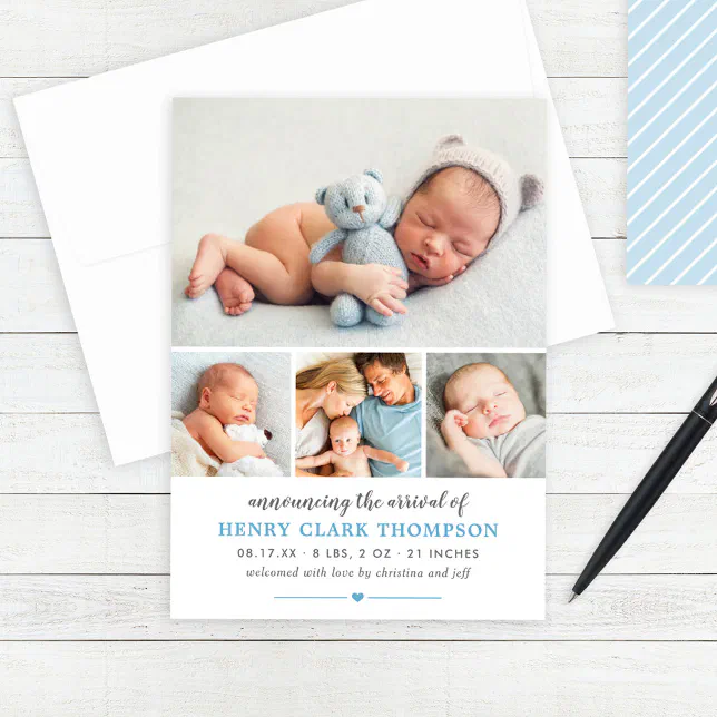 Simply Sweet Blue Baby Boy Photo Collage Birth Announcement | Zazzle