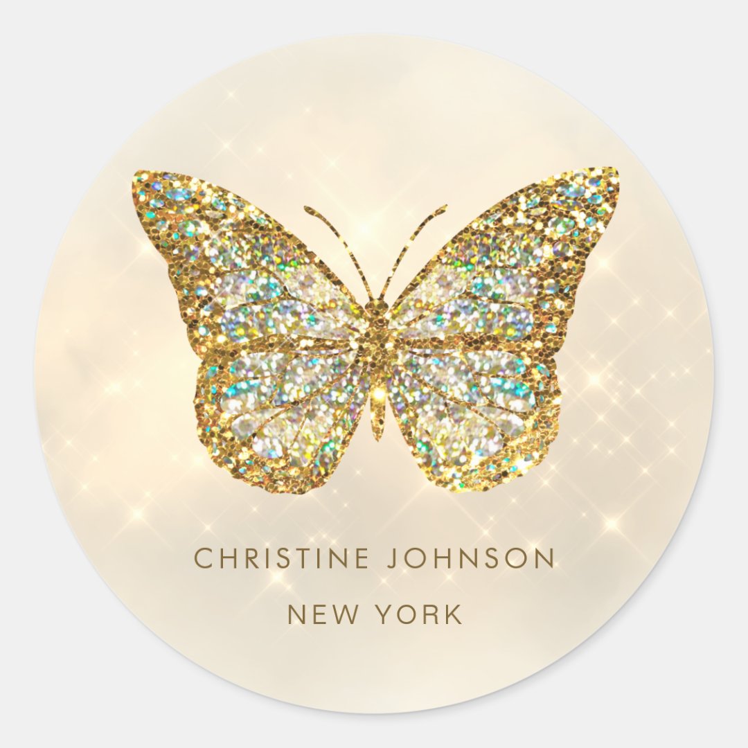 simulated glitter butterfly classic round sticker | Zazzle
