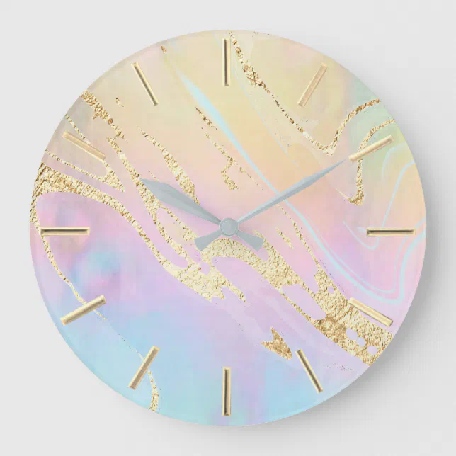 simulated gold glitter on FAUX holographic Large Clock | Zazzle