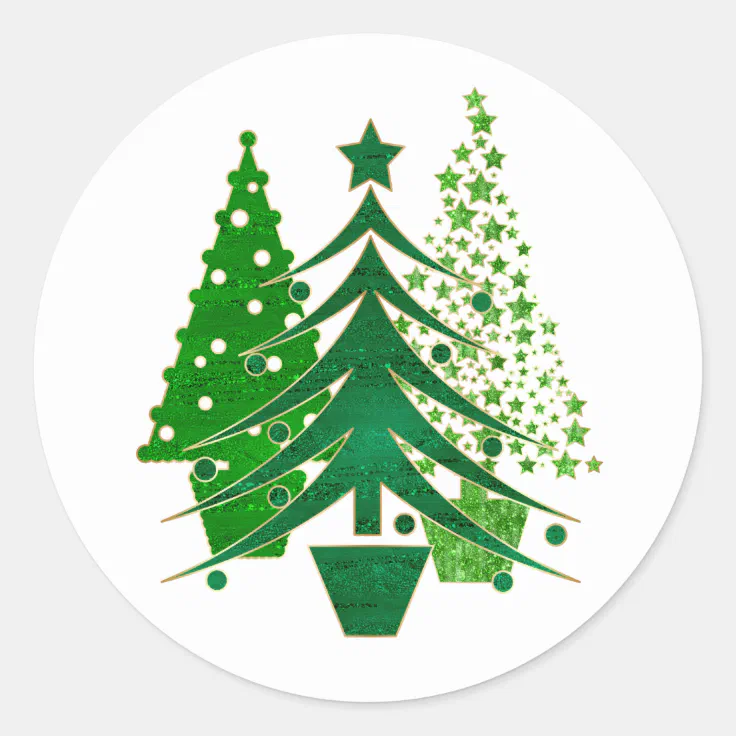 Simulated Green, Gold Foil Christmas Trees Classic Round Sticker | Zazzle