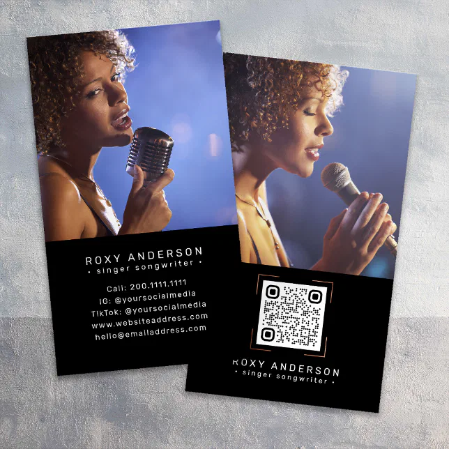 Singer Musician Modern Black QR Code Business Card | Zazzle