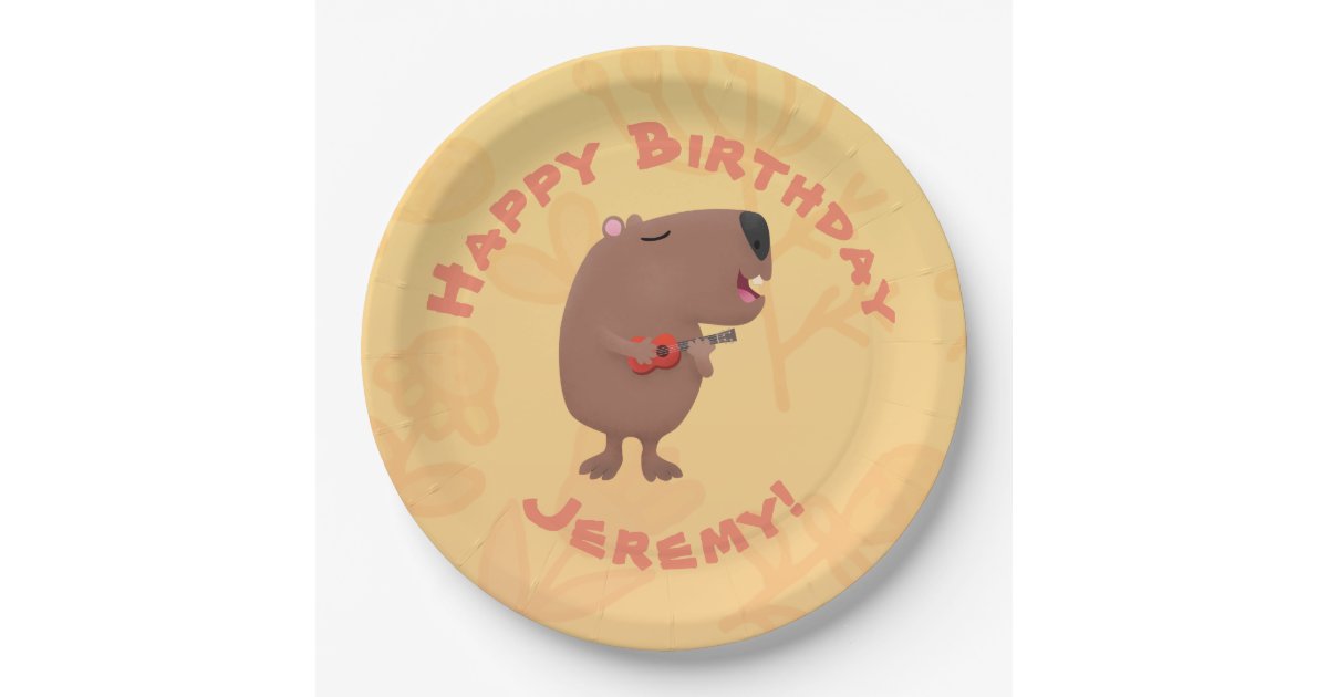 Singing capybara personalised birthday cartoon paper plates | Zazzle