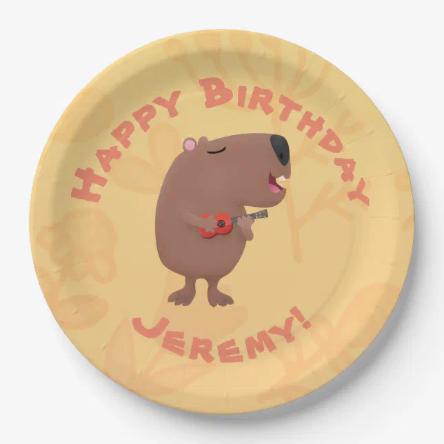 Singing capybara personalised birthday cartoon paper plates | Zazzle