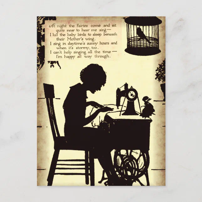 Singing Sewing Lady Vintage Fairy Poem Postcard | Zazzle