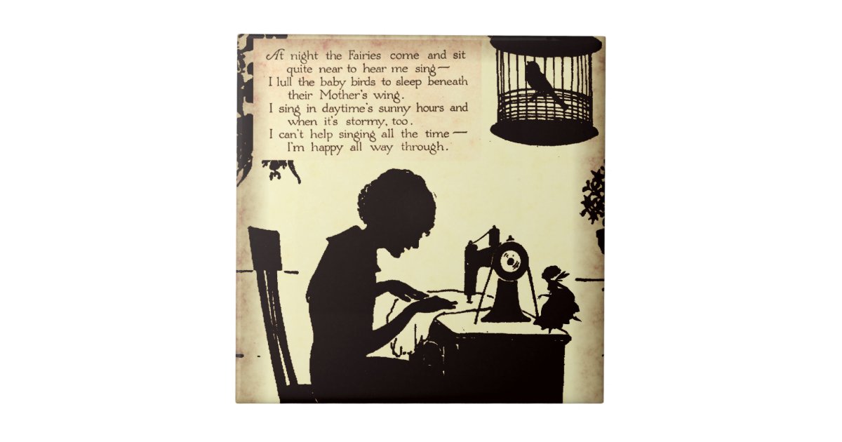 Singing Sewing Lady Vintage Fairy Poem Tile | Zazzle