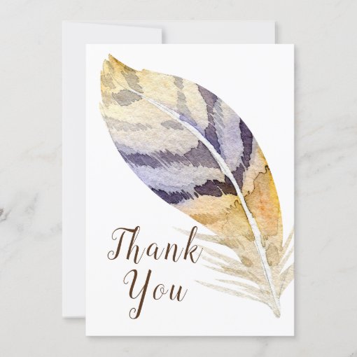 Single Feather Watercolor Thank You Flat Card | Zazzle