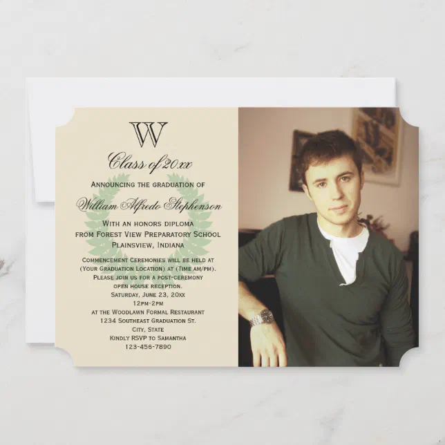 Single Initial Monogram Green Photo Graduation Invitation | Zazzle