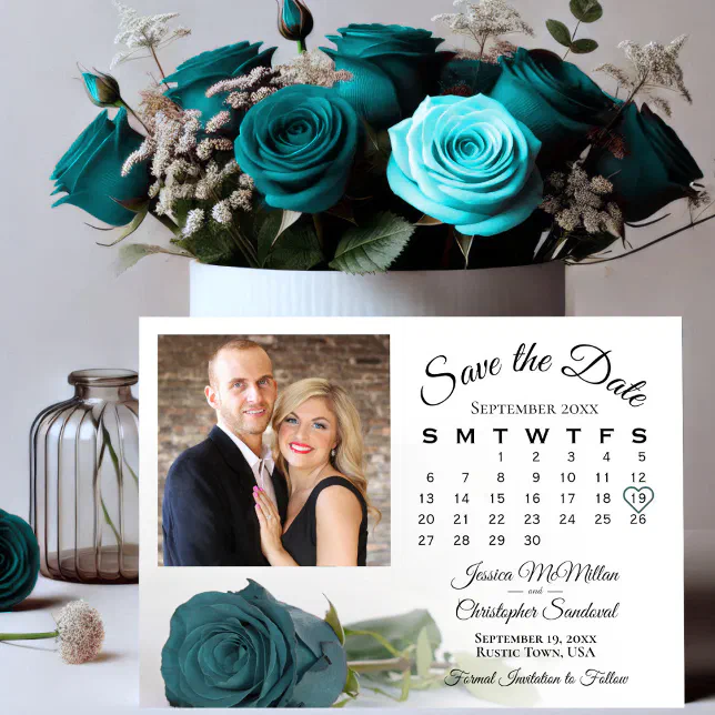 Single Teal Rose Elegant Wedding Calendar & Photo Save The Date | Zazzle