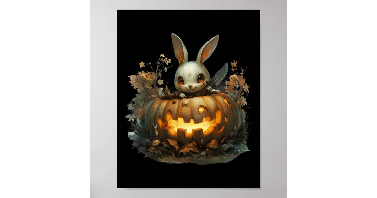 Sinister Bunny Mayhem Creepy Halloween Bunny Pumpk Poster | Zazzle