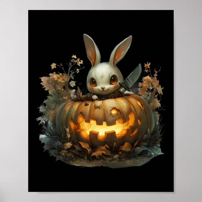 Sinister Bunny Mayhem Creepy Halloween Bunny Pumpk Poster | Zazzle