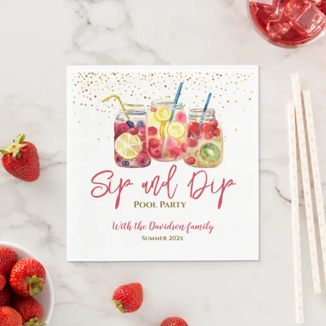 Sip and Dip Fruit Cocktail Pool Party Napkins | Zazzle