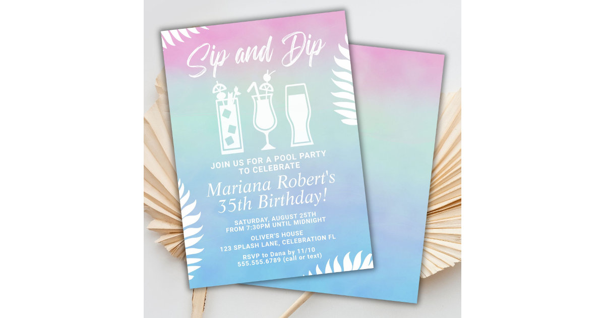 Sip and Dip Pool Party Birthday Party Invitation | Zazzle
