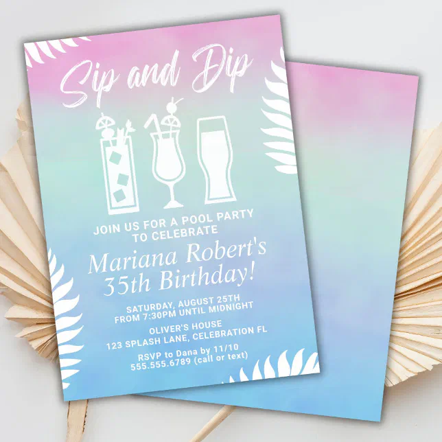 Sip and Dip Pool Party Birthday Party Invitation | Zazzle