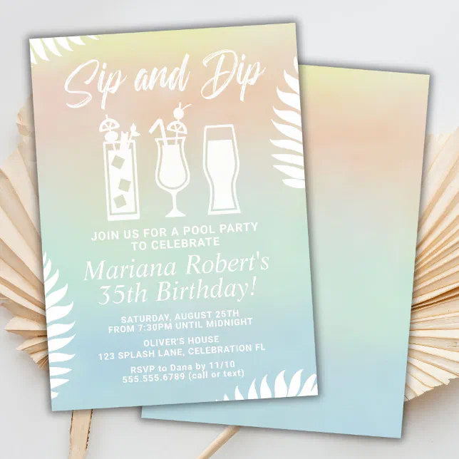 Sip and Dip Pool Party Birthday Party Invitation | Zazzle
