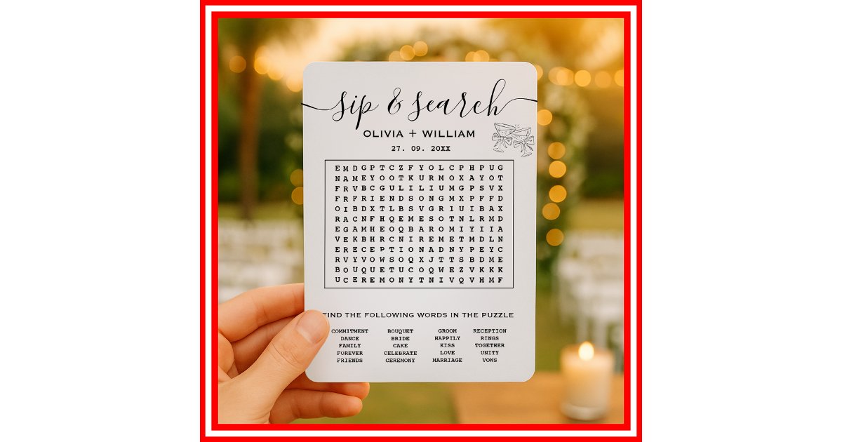Sip and Search Custom Word Wedding Search Puzzle Invitation | Zazzle