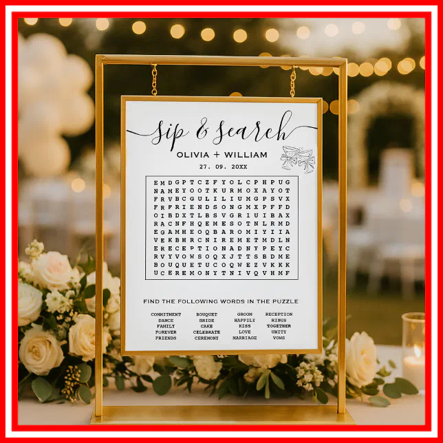 Sip and Search Custom Word Wedding Search Puzzle Poster | Zazzle