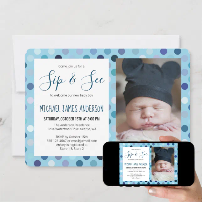 Sip and See Baby Boy Photo Blue Polka Dot Invitation | Zazzle