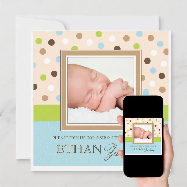 Sip and See Baby Boy Photo PolkaDot Invitation | Zazzle