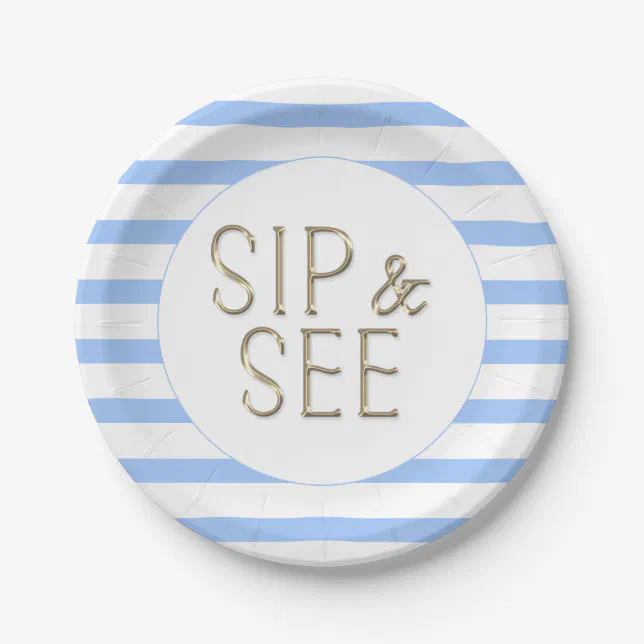 Sip and See Blue White Striped Baby Shower Paper Plates | Zazzle
