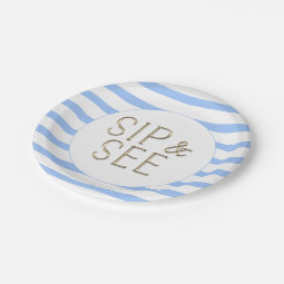Sip and See Blue White Striped Baby Shower Paper Plates | Zazzle
