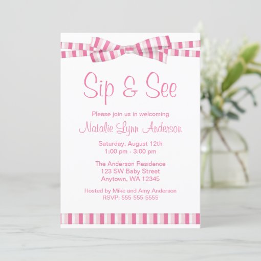 Sip and See Pink Stripe Ribbon Bow Invitation | Zazzle