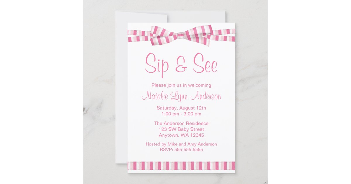 Sip and See Pink Stripe Ribbon Bow Invitation | Zazzle