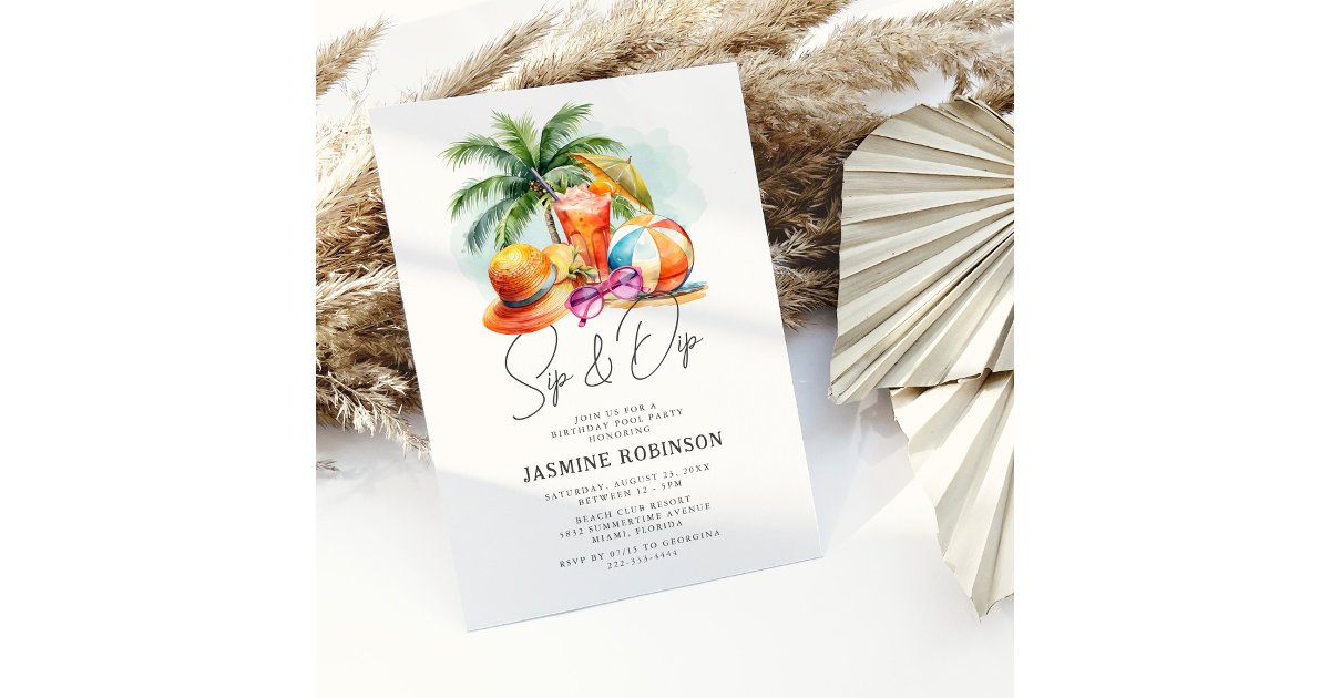 Sip & Dip Adult Birthday Pool Party Invitation | Zazzle