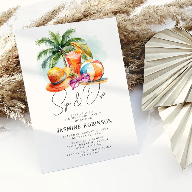 Sip & Dip Adult Birthday Pool Party Invitation | Zazzle