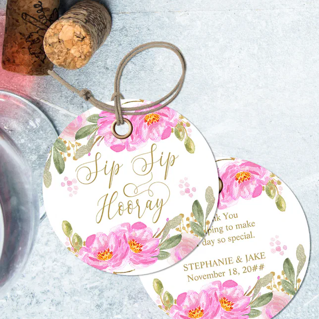 Sip Sip Hooray Pink and Gold Watercolor Floral Favor Tags | Zazzle