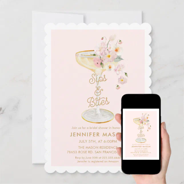 Sips and Bites Champagne Bridal Shower Invitation | Zazzle