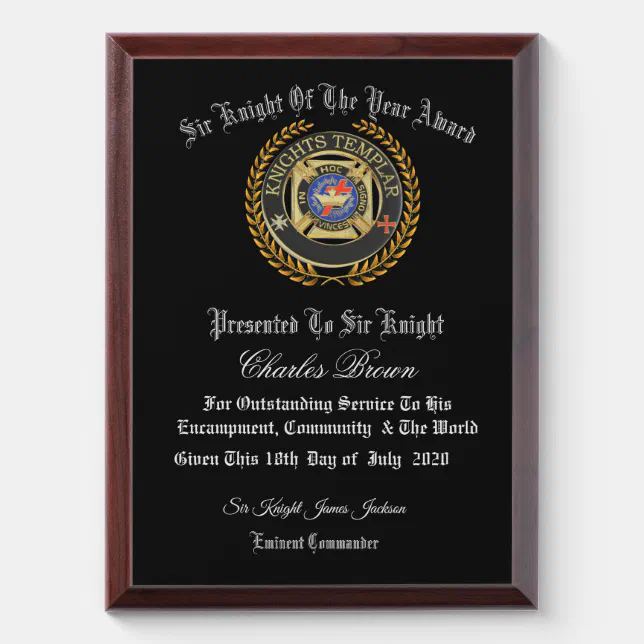 Sir Knight of the year Award Plaque | Zazzle